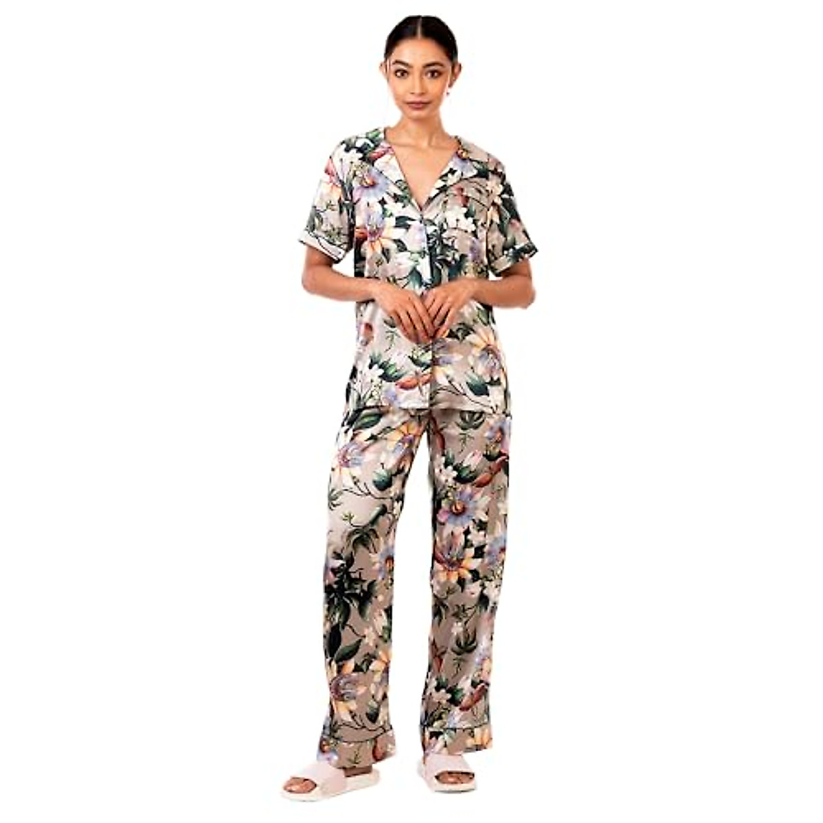 Anuschka Women’s Printed Pajama Set - Sleepwear Collection Made with 100% Recycled Poly Silk - Floral Passion, 1X