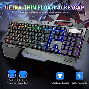 Wireless Gaming Keyboard Mouse and Wired Computer Speaker with Rainbow RGB Backlit Rechargeable Battery Metal Mechanical Ergonomic Waterproof Dustproof Removable Palm Rest for Laptop PC Gamer(Black)