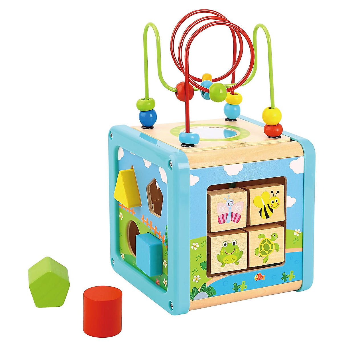 TOOKYLAND Activity Cube Wooden Toys Bead Maze Shape Sorter Learning Developmental Montessori Toys Small Size Gifts for Toddler Kids