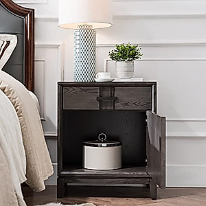 Leick Home 9075 Assembled Recessed Drawer and Bottom Door Nightstand Side Table with AC/USB Charger, Gray