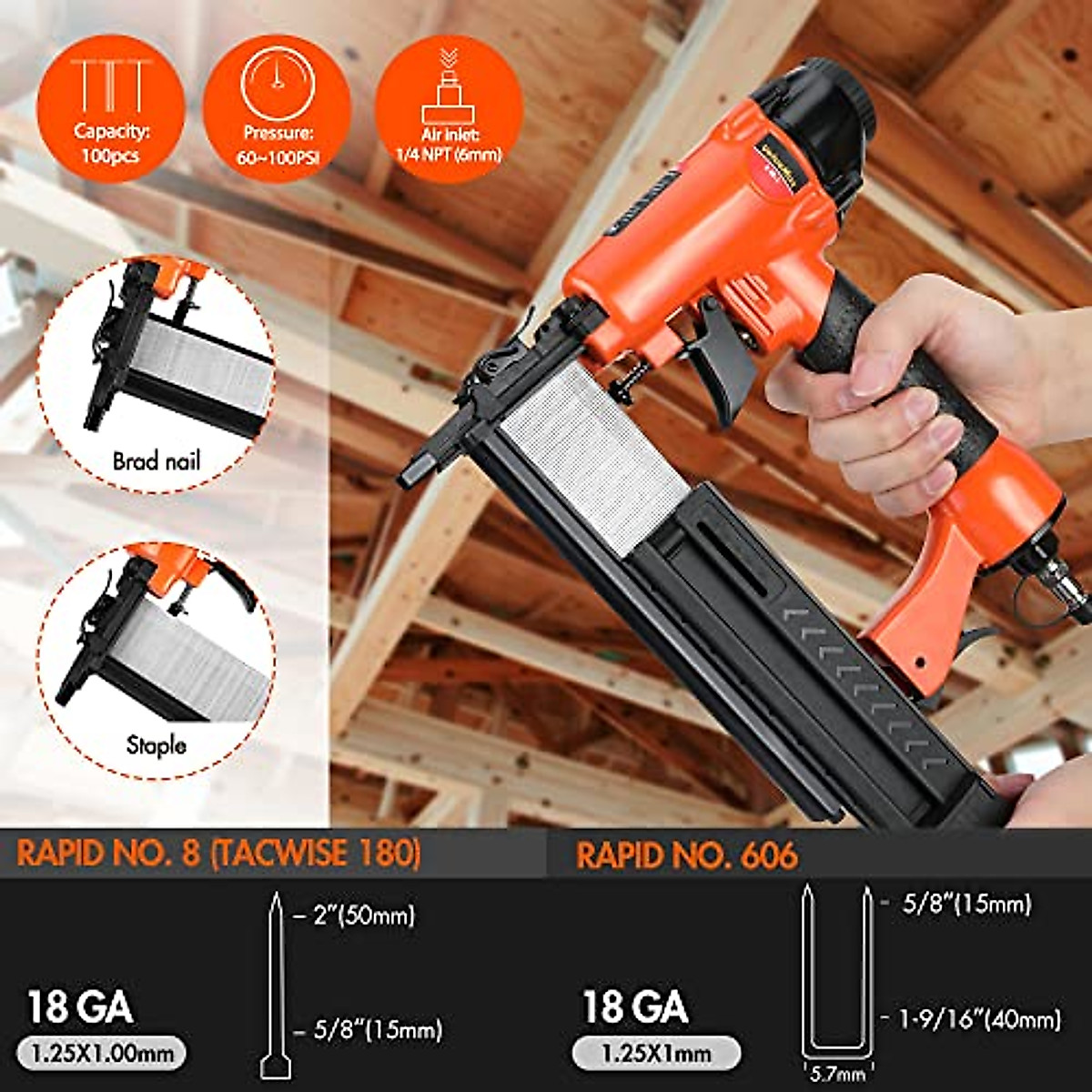 ValueMax 18 Gauge Pneumatic Brad Nailer, 2-in-1 Nail Gun Staple Gun with 1-5/8 inch Staples, 2-5/8 inch Brad Nails, Carrying Case and Safety Glasses, Ideal for Upholstery and Home Improvement