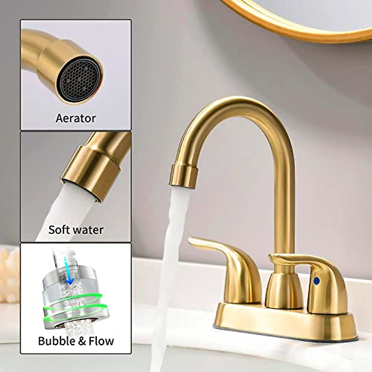 Bathroom Sink Faucet with Pop-up Drain Assembly, Brushed Gold Bathroom Faucet 2-Handle for 4 Inch Sink，Modern Centerset Bathroom Faucet with Supply Hose Lead-Free