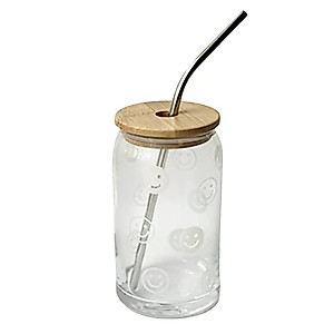 Smiley Face Glass Cups with Lids and Straws- Tumbler with Lid and Straw- 16 oz Iced Coffee Cup w/Bamboo Lid Stainless Streel Straw- Beer Can Shaped Drinking Glasses- Cute Cups- Gift for Women