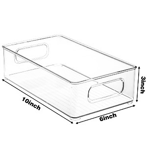 Moretoes 6 Pack Plastic Kitchen Pantry Cabinet, Clear Organizing Bins with Handles, Stackable Clear Storage Bins for Fruit, Yogurt, Shelf, Drawer- Food Safe,10 Inch Long