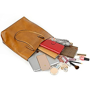 YALUXE Women's Vintage Style Leather Work Tote Shoulder Bag (UPGRADED 2.0) Yellow Brown