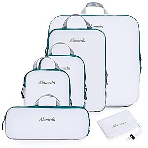 Compression Packing Cube Set 6pcs for Carryon Luggage, Travel Packing Organizers with Laundry Bag for Backpack, White