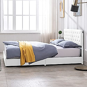 Mjkone Upholstered California King Platform Bed Frame with 4 Storage Drawers, PU Leather Modern Bed Frame with Adjustable Headboard, Button Tufted Design/No Box Spring Needed/Easy Assembly (White)