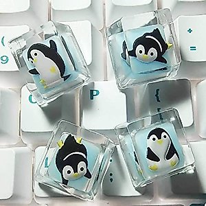 Cute Penguin Anime Keycaps,Blue Ocean Custom Keycaps,4 Pcs Keyboard Keycaps Set,Clear Resin Artisan Keycap with Designs for Gaming Mechanical Keyboards Cherry MX Gateron Switches.(OEM) (4 Penguins)