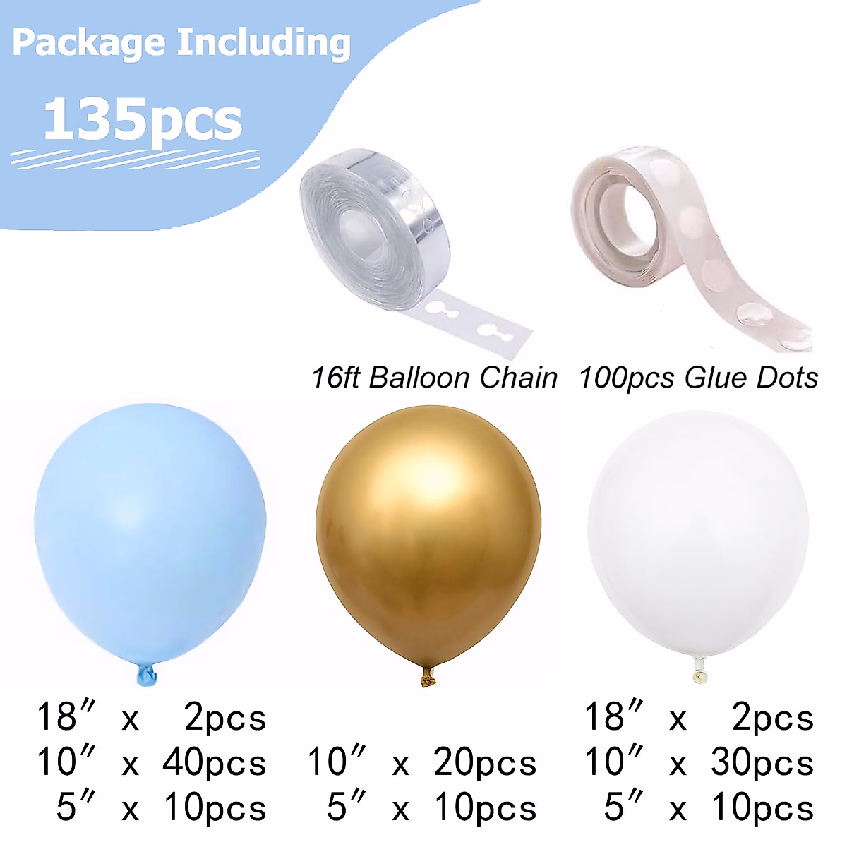 Beliueyes OH Baby Balloon Garland Arch Kit 135pcs Gold White Light Blue Balloons for Bridal Shower Baby Shower Birthday Wedding Baptism Engagement Theme Party Decorations