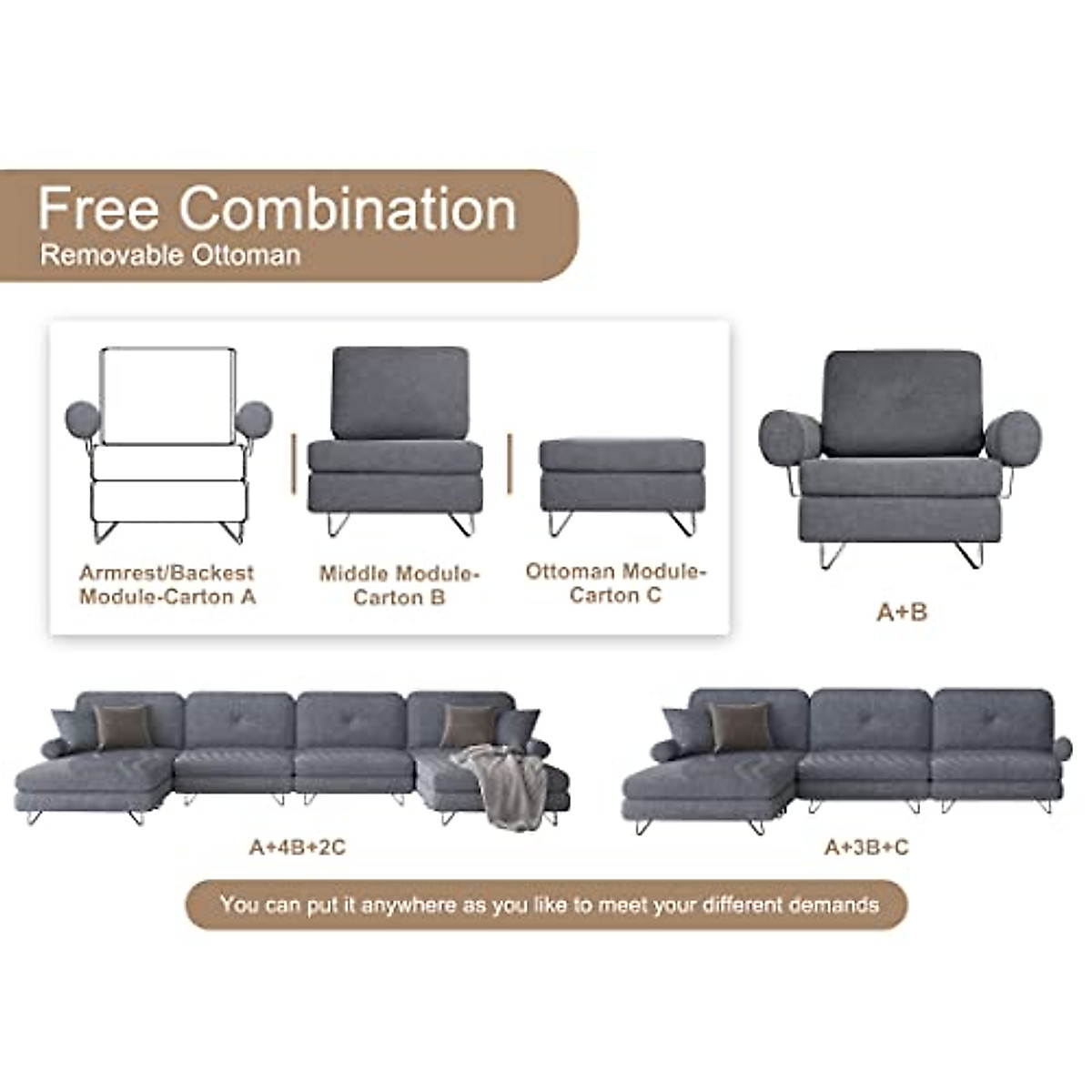 HOMERILLA Sectional Sofa, Modular Sofa, Modern Loveseat Living Room Seater Sofa with Armrest, Sleeper Bed Couch, Easy to Clean Sofa, L-Shape Sofa, 3-Seat Sofa, Dark Grey