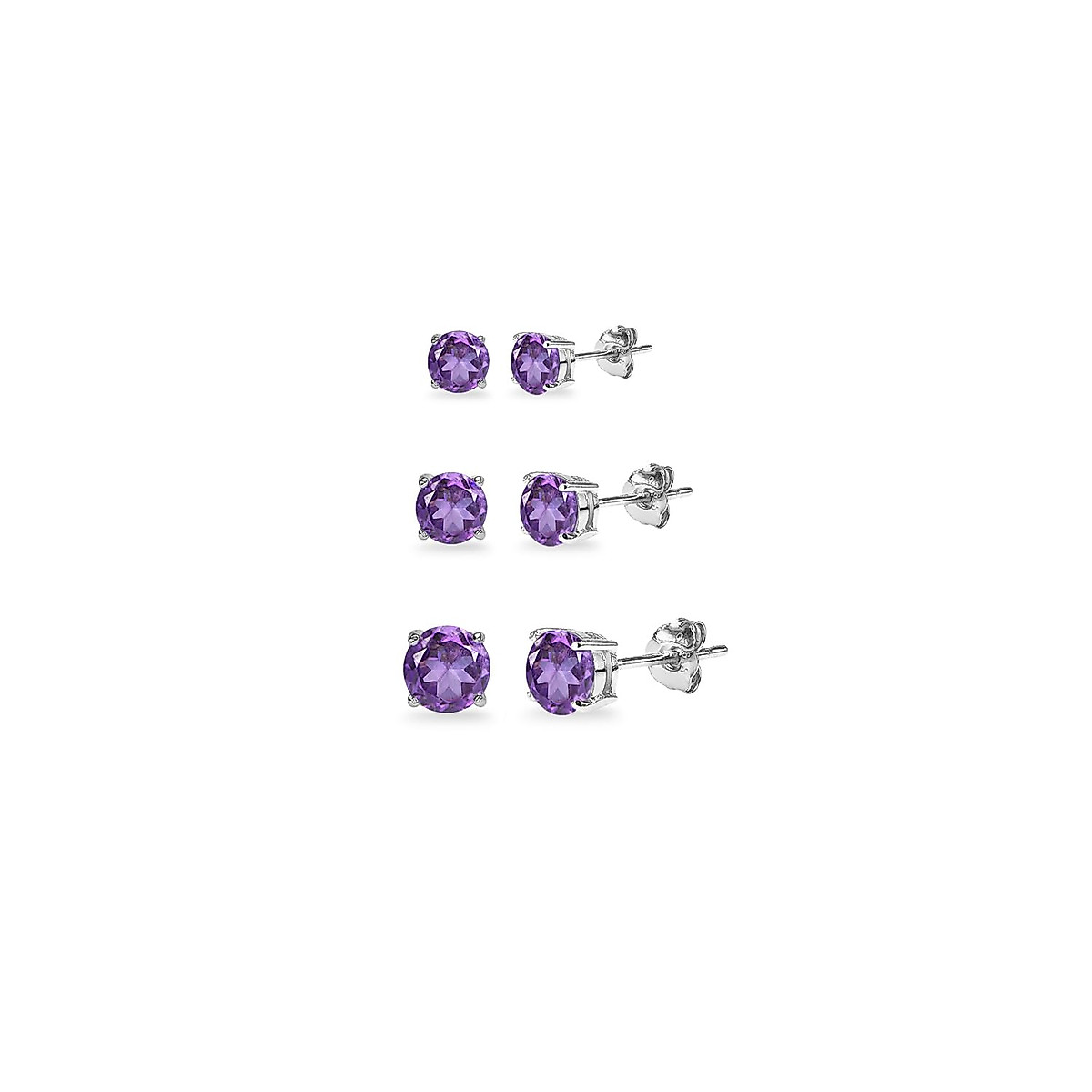 3-Pair Set Sterling Silver African Amethyst Round Stud Earrings, 3mm 4mm 5mm