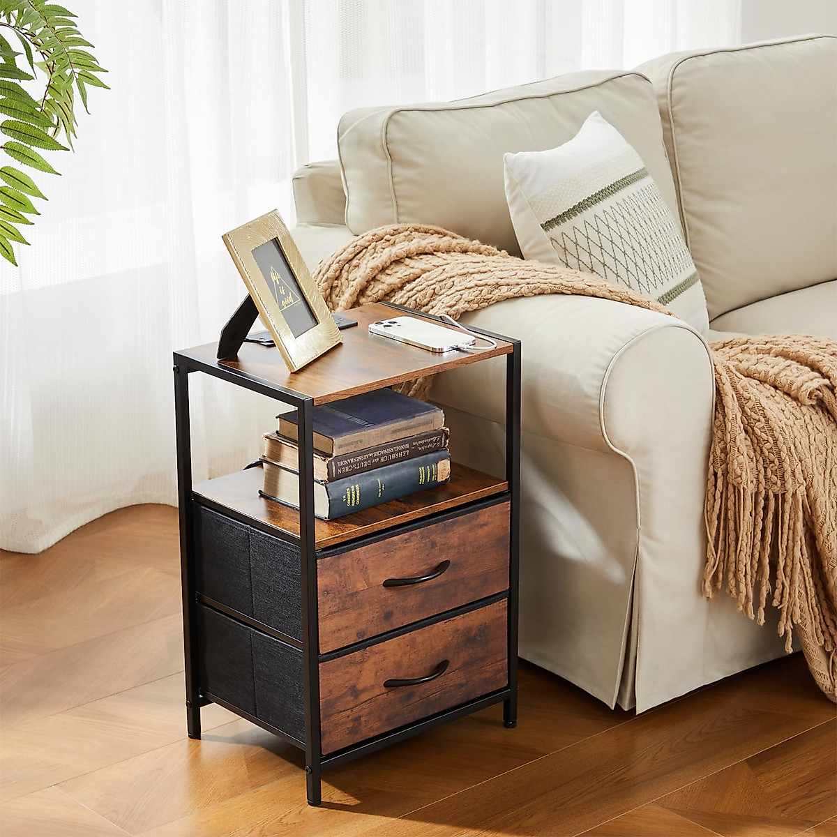 topfresh Brown Nightstand with Charging Station End Table Side Tables with USB Ports and Outlets Bedroom Nightstand with Fabric Drawers End Table with Open Shelf Modern Nightstand 1pcs