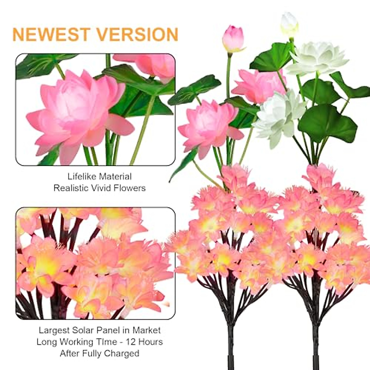 QINGYA 4pack Solar Flower Lights Outdoor Waterproof IP65,Solar Lotus &Peachblossom Garden Decorative Lights Led Flowers Decor Auto On/Off Bright Up to 12Hrs