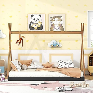 RORIGAT Full Floor Bed for Kids,Full Teepee Bed Frame with Triangle Structure,Wood Floor Bed for Bedroom Furniture,Box Spring Not Required，Black+Brown