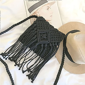 QTKJ Women's Crochet Square Crossbody Bag Hand-Woven Boho Tassels Summer Beach Cotton Messenger Shoulder Bag with Zipper (Black)