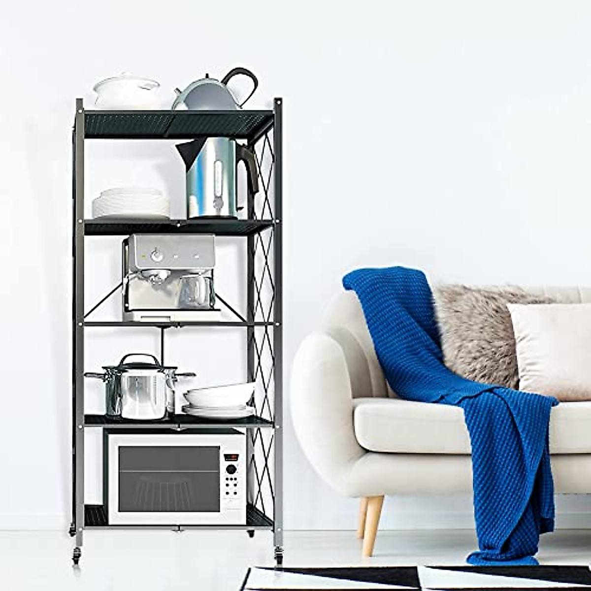 5-Tier Storage Shelves with Wheels, Heavy Duty Metal Shelf, Foldable Shelving Units, Storage Rack, Rolling Shelf No Assembly, Large Capacity Organizer Shelves for Garage Kitchen Warehouse Basement