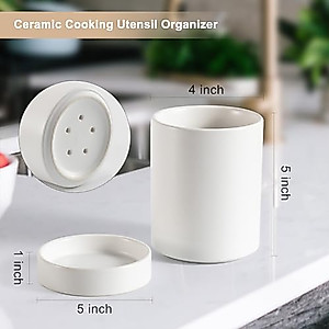 ALYSTER kitchen Utensil Holder for Countertop with Drain Tray, White Utensil Holder Utensil Crock Ceramic Cooking Utensil Holder for Kitchen/Counter Farmhouse/Décor (1)