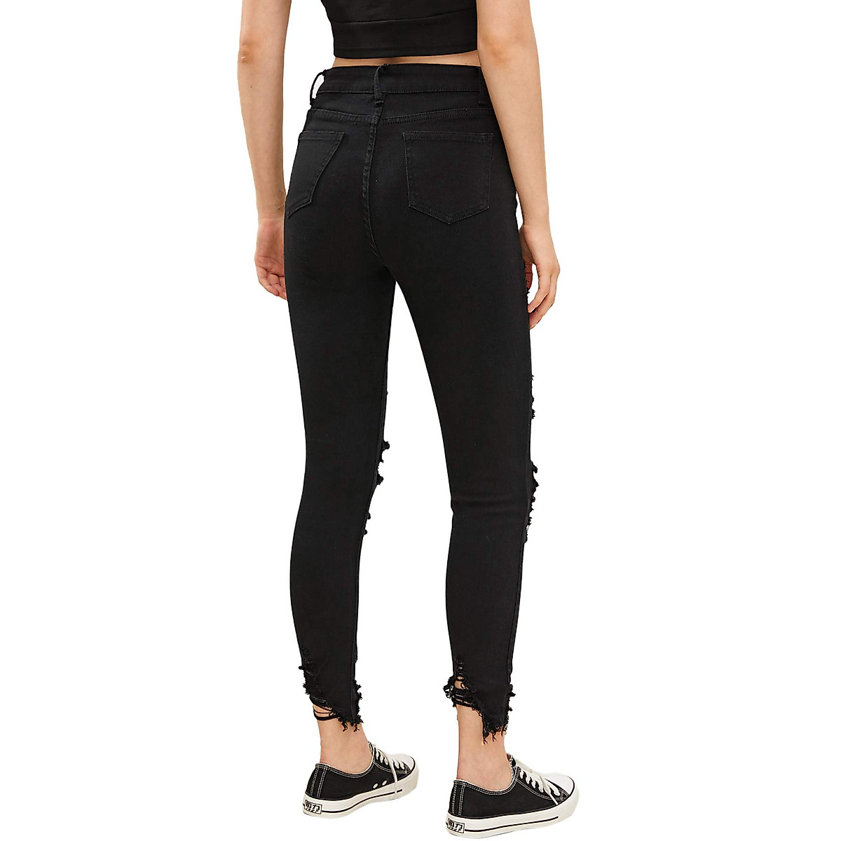 SweatyRocks Women's Hight Waisted Stretch Ripped Skinny Jeans Distressed Denim Pants Black-4 XL