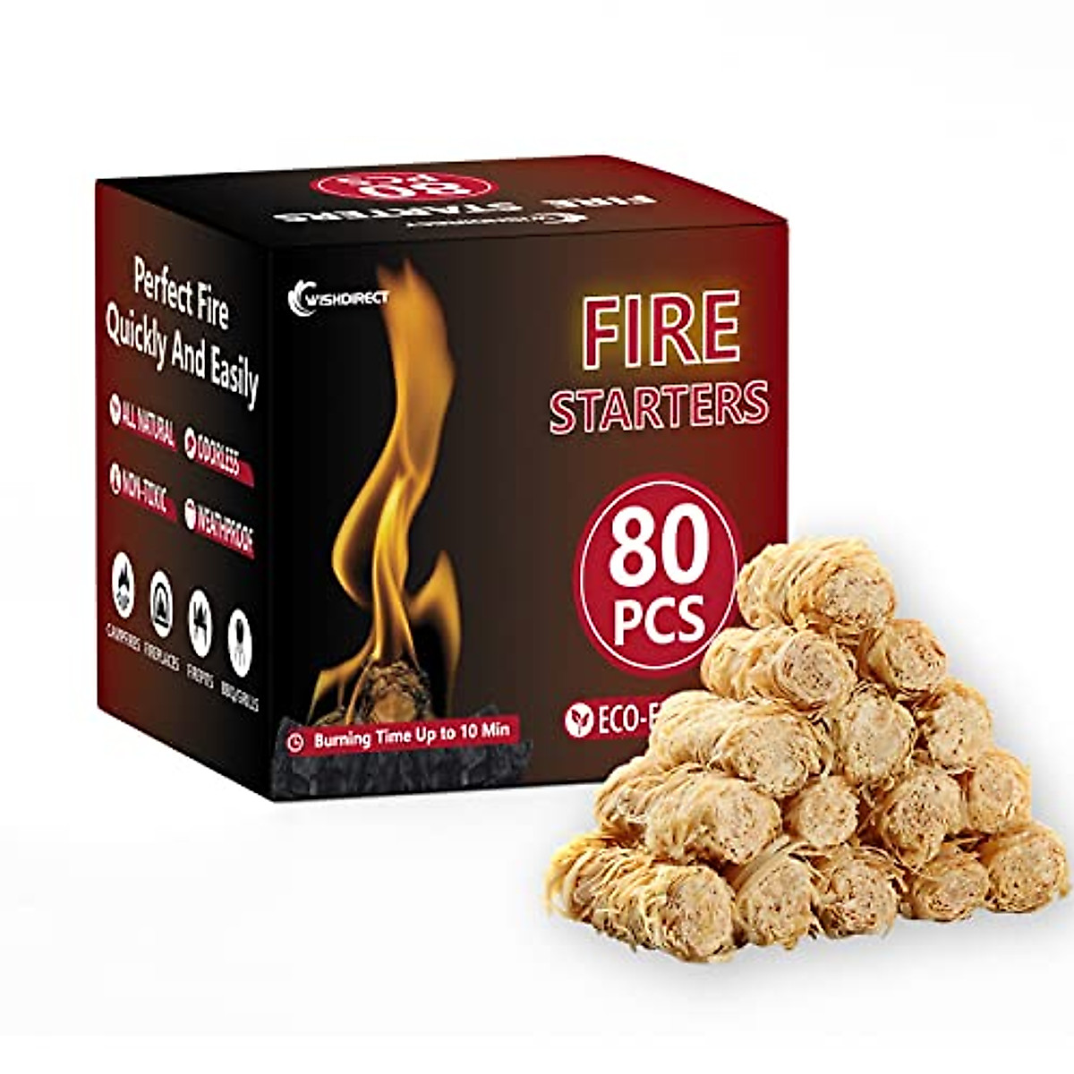 WishDirect 80 PCs Fire Starters for Fireplace, Campfire, Grill, Fire Pit, Wood Stove, BBQ, Smoker - Easy & Quick Light Fire Fit Kamado Joe, Big Green Egg and Solo Stove