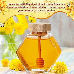 Sunnyray 8 Pcs 220 ml Glass Honey Jars with Dipper Hexagonal Honey Pot Jars Clear Glass Honey Dispenser Small Honey Containers Honey Bottle with Wooden Dipper and Cork Lid for Home Storage Kitchen