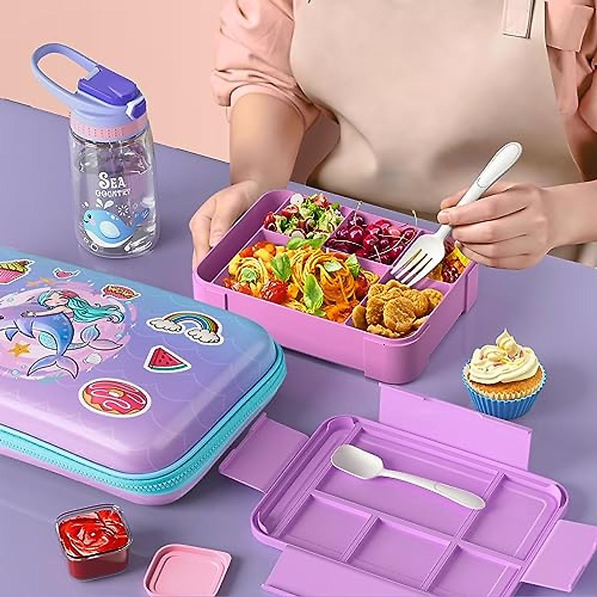 Lunch Bag Bento Lunch Box Set for Girls - Insulated Lunch Bag with 5 Compartment Bento Box Water Bottle Ice Pack Silicon Cap Salad Container for Kids Back to School, Picnic and Travel