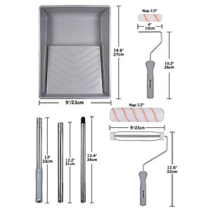 ROLLINGDOG Paint Roller Kit with Extension Pole - 9 Inch Paint Roller with Tray, 4Inch Mini Rollers,Stainless Steel Extension Pole (3ft)