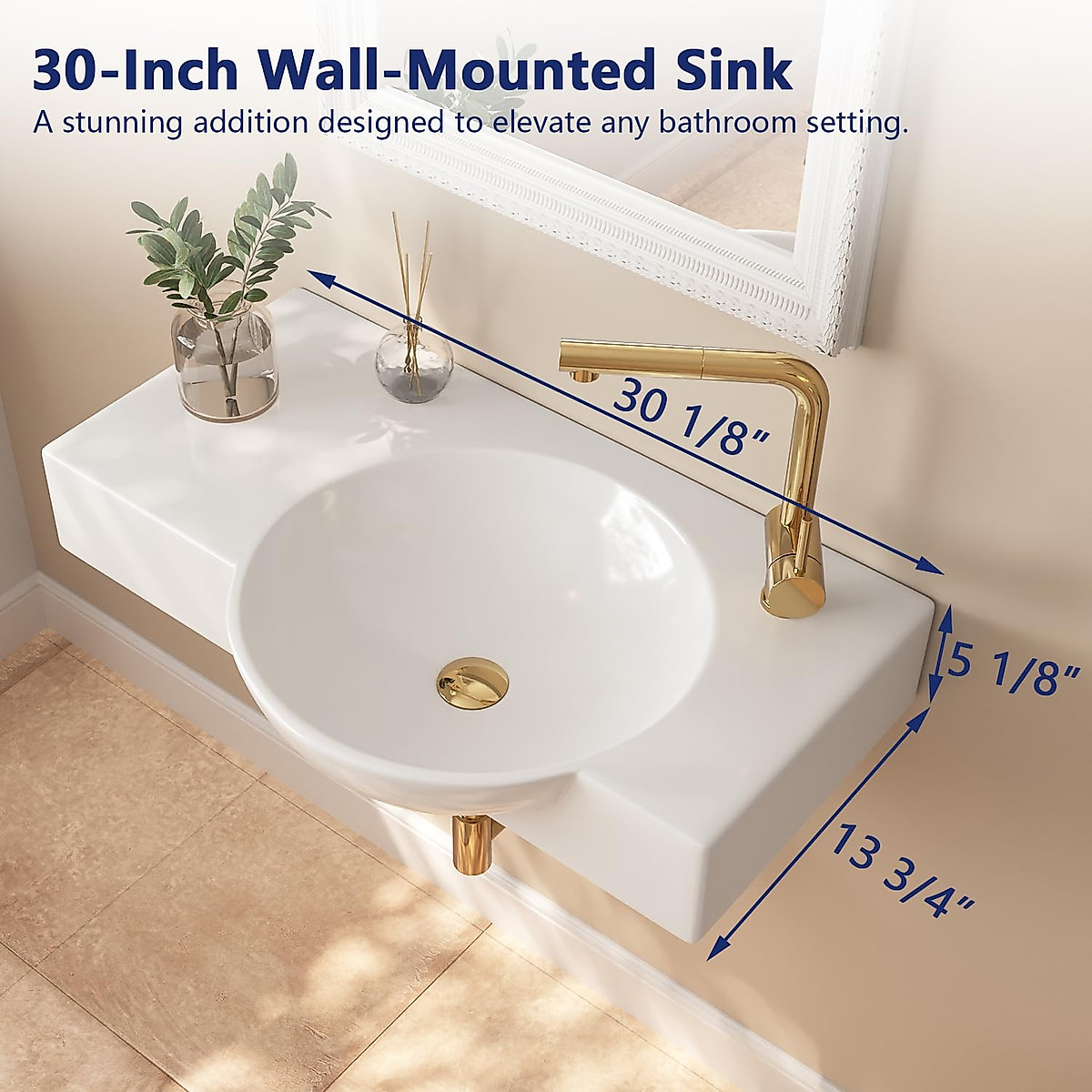 DeerValley Wall Mount Sink,30"x18" Bathroom Vessel Sink,White Ceramic Bathroom Sink,Wall Hung Sink with Right Side Faucet Mount