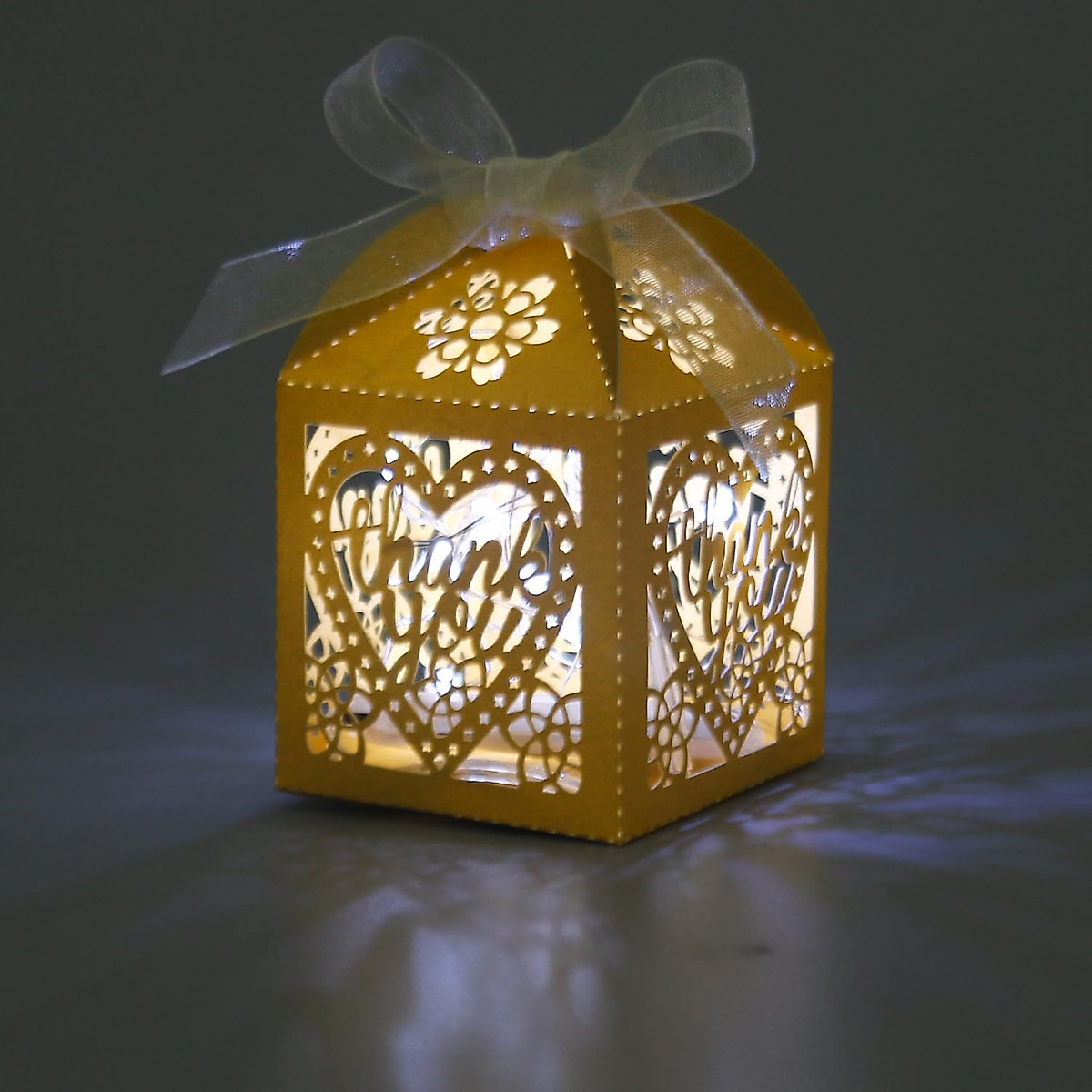 COTOPHER Laser Cut Boxes, 100pcs Thank You Gift Boxes Wedding Party Favor Boxes Lace Candy Boxes for Wedding Bridal Shower Baby Shower Birthday Party Decorations with Ribbons (Gold, 100)