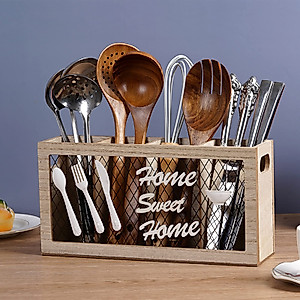 Wood Utensil Holder Caddy with Handle for Kitchen Countertop, LASZOLA 4 Compartments Wooden Utensil Crock Flatware Silverware Cutlery Storage Organizer for Farmhouse Countertop Decor