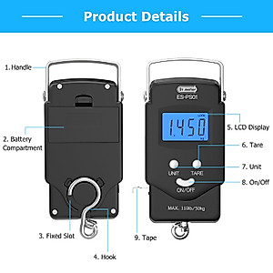 Fish scale, Dr.meter Backlit LCD Display 110lb/50kg PS01 Fishing Scale with Measuring Tape, Electronic Balance Digital Fishing Postal Hanging Hook Scale with 2 AAA Batteries-Fishing Gifts for Men