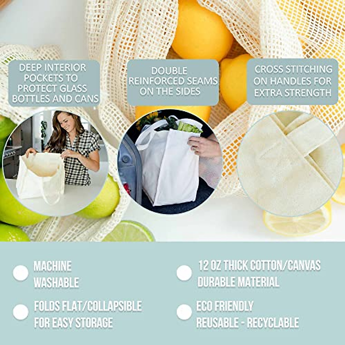 Reusable Grocery Bags Set of 12, 100% Cotton Plain Cloth Blank Canvas Heavy Duty Bag Bundle, With Handles for Shopping, Produce, Farmers Market, Include 3 Small, 3 Medium, 3 Large Mesh Bags, 3 Tote