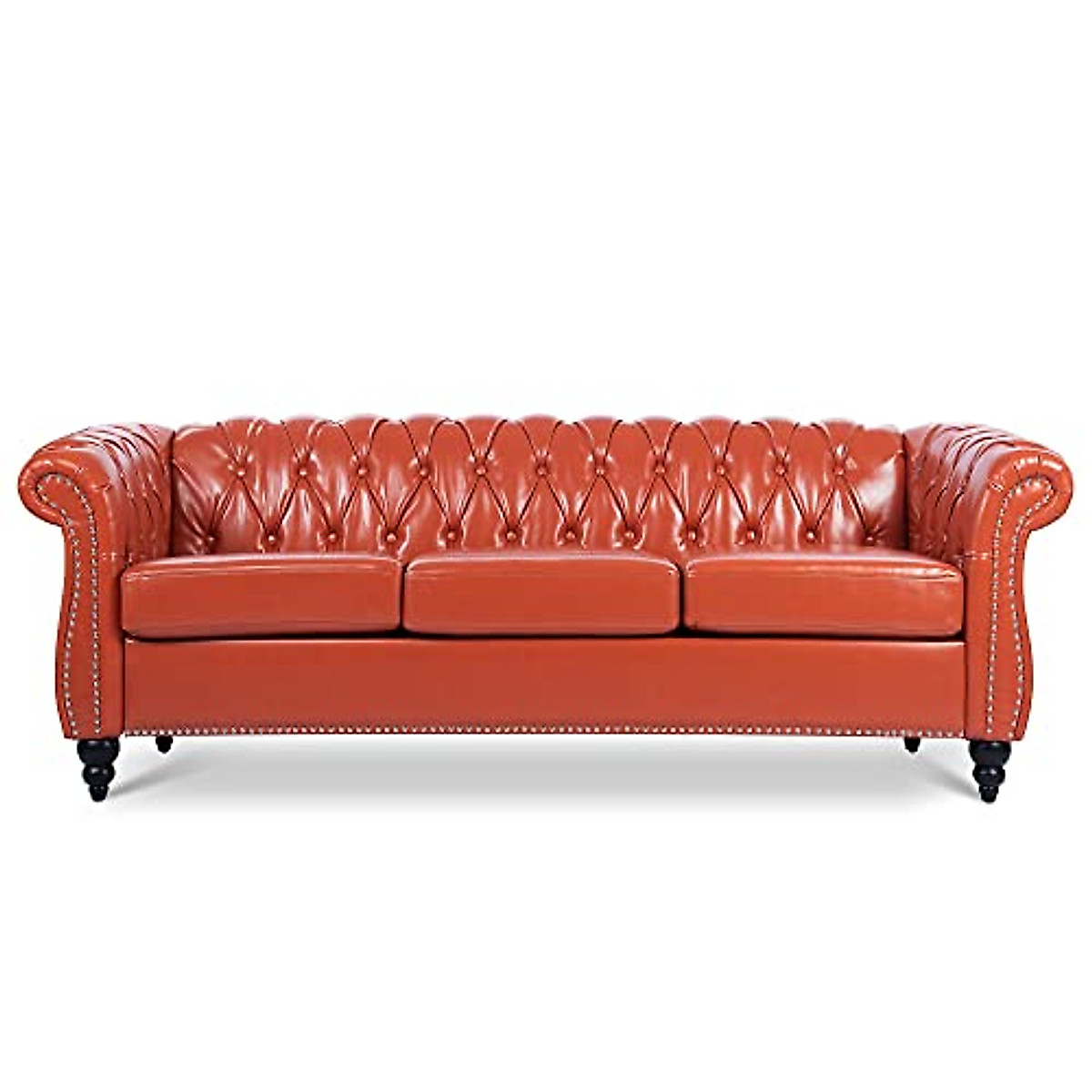 GEEVIVO 84.65" Large Sofa, Mid-Century PU Leather Sofa Modern Tufted Upholstered Futon Sofa Couch with Removable Cushion 3 Seater Scroll Arm Sleeper Sofa for Living Room/Bedroom/Apartment(Orange)