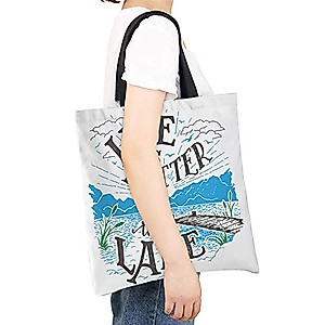 Moslion Lake Canvas Bags Quote Mountains Cloud Bridge Life is Better at The Lake Tote Bags Laptop Bags Large Bulk Reusable for Women Men Work Study 15x16 Inch