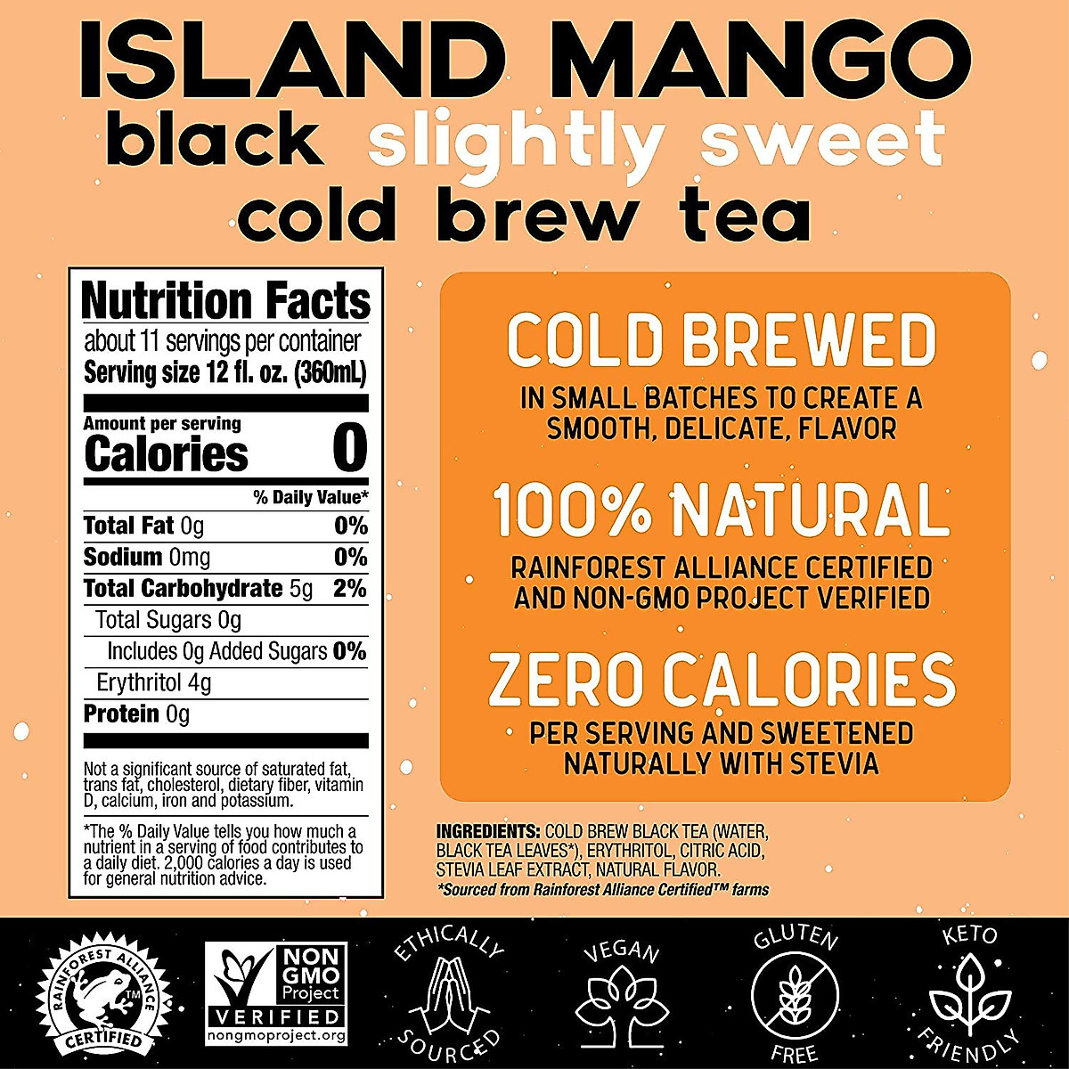 Promise Beverages Slightly Sweet Island Mango Cold Brew Tea On Tap (1 Gallon / 128 fluid ounces) Rainforest Alliance Certified Bag In Box Liquid, Ready To Drink Sweetened with Stevia