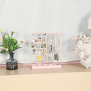 X-cosrack Earring Organizer Holder, 5-Tier Ear Stud Holder with Wooden Tray, Jewelry Towers for Earrings Necklaces Bracelets Watches and Rings,Earring Display Stand, Pink
