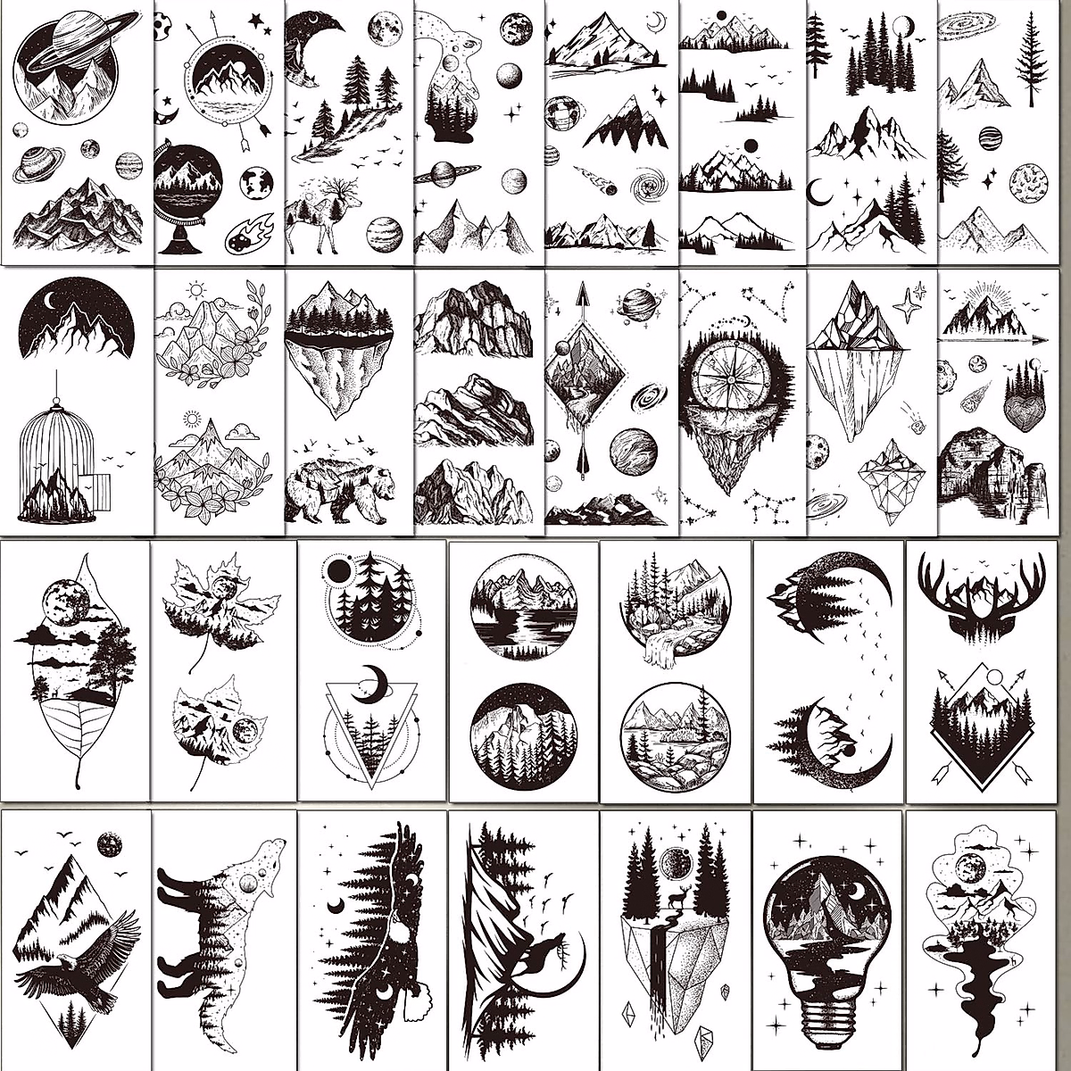 Ooopsiun 30 Sheets Small Black Mountain Planet Temporary Tattoos for Men Women - Unique Realistic Waterproof Forest Triangle Designs Body Art Tattoos for Adults