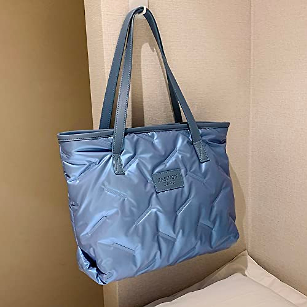 AZURAOKEY Puffer Tote Bag for Women, Quilted Cotton Padded Handbag, Women Shoulder Bags Soft Large Capacity Top-handle Bags Warm Zipper Simple Portable Lightweight for Girls Shopping-Blue