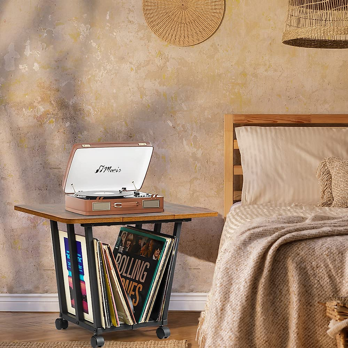 Hadulcet Record Player Stand Vinyl Records Holder, Turntable Stand and LP Album Storage Rack with wheels and dividers, Rustic Brown