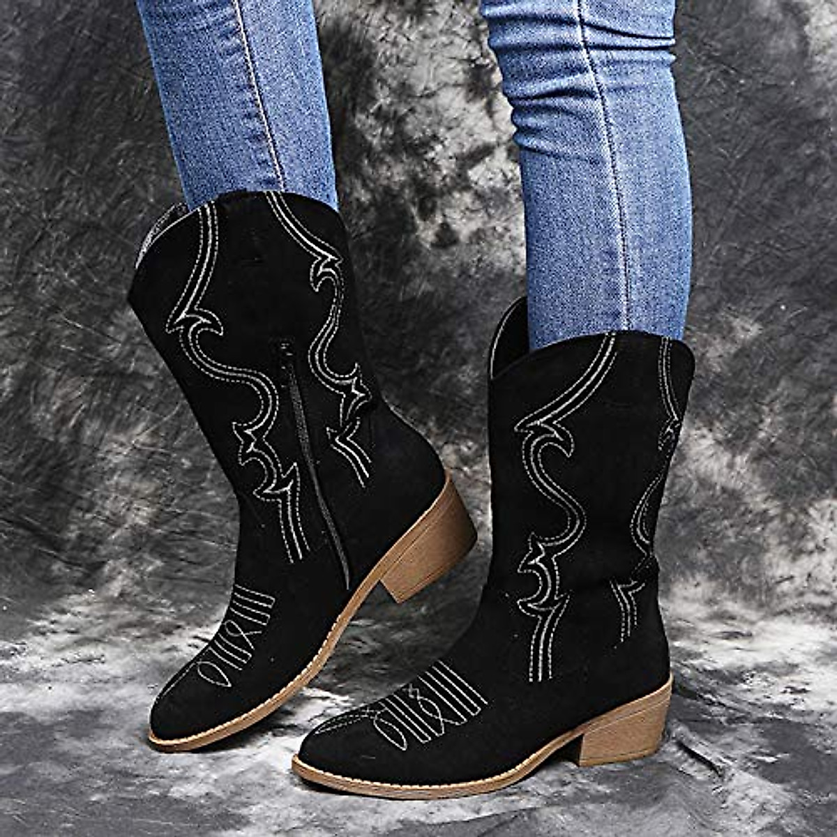 White Cowboy Boots Women Sparkly Retro Zipper Square Heel Middle Round Toe Shoes High Heel Cowgirl Boots Low Heel Pointed Toe Outdoor Boots Women