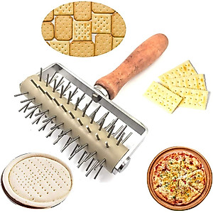 Stainless Steel Pizza Dough Roller Docker,Time-Saver Pizza Dough Roller Docker with Wood Handle, Pizza Bread Pin Puncher Pizza Wheel, for Pizza Cookie Cake Pie Pastry Bread Dough