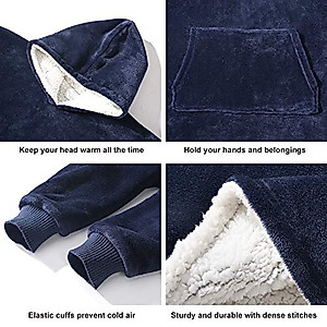 Touchat Wearable Blanket Hoodie, Oversized Sherpa Blanket Sweatshirt with Hood Pocket and Sleeves, Super Soft Warm Plush Hooded Blanket for Kids, One Size Fits All (NavyBlue)