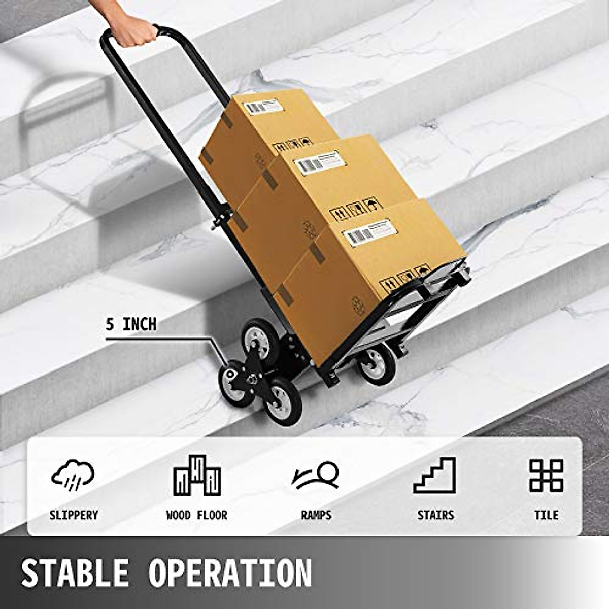 VEVOR Stair Climbing Cart 330lbs Capacity, Portable Folding Trolley with 6 Wheels, Stair Climber Hand Truck with Adjustable Handle for Pulling, All Terrain Heavy Duty Dolly Cart for Stairs