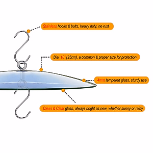 10" Glass Rain Cover for Wild Bird Feeder Outdoors - Weather Guard S Hook Hanging - Protective Dome Baffle - Clear (Dia. 25CM)
