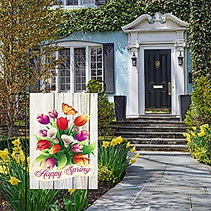 Louise Maelys Happy Spring Garden Flag 12x18 Double Sided, Burlap Small Vertical Floral Flower Garden Yard Flags for Seasonal Outside Outdoor House Decoration (ONLY FLAG)