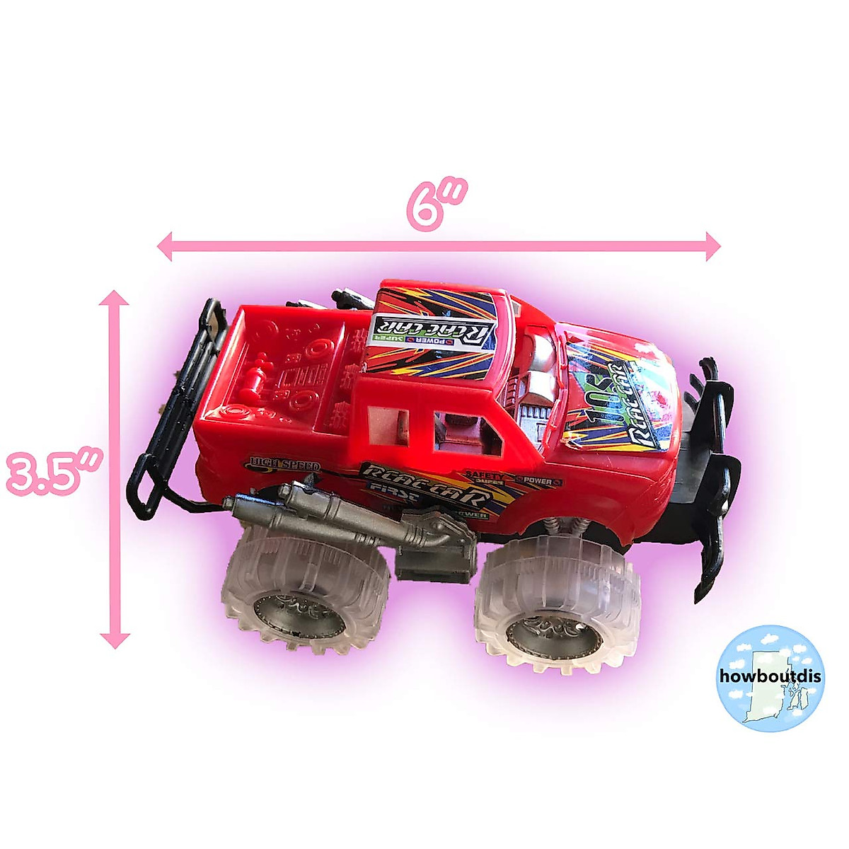 HOWBOUTDIS (1) Light Up Monster Truck with Flashing LED Tires & Push N Go Friction for Easy Motion - Great Birthday Gift for Boys or Girls Ages 3+ - Ideal Party Favor or Carnival Prize