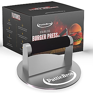 PattieBros Stainless Steel Burger Press 6.2in | Hamburger Press with Rubber Handle | Smash Burger Press for Griddle | Burger Smasher Grill Press | Meat Press | Griddle Accessories Kit | Grill Press
