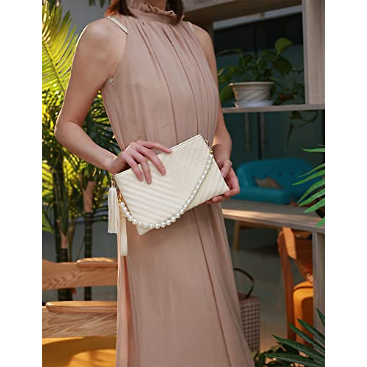 Hupifaz Quilted Crossbody Bag - Double Pouch Clutch Purses for Women, Formal Evening Clutch, Large Wristlet Bag with Pearls (Beige)