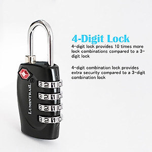 Lumintrail TSA Approved Locks, 4 Digit Combination Luggage Locks TSA Approved, Travel Locks for Luggage & Suitcase with 4-FT Steel Cable, Black, 2 Pack