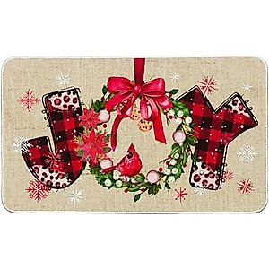Baccessor Christmas Joy Doormat, Xmas Cardinal Wreath Decorative Indoor Outdoor Entrance Doormat Winter Red Green Check Joy Sign Door Mat Anti-Slip Rubber for Seasonal Holiday Decoration 17 x 29 Inch