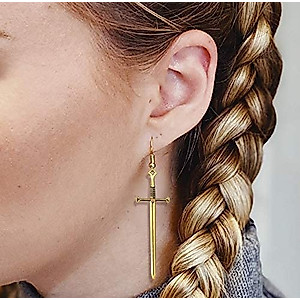 Gothic Vintage Silver Sword Cross Dangle Hook Earrings Retro Punk Knife Earrings Jewelry for Women(antique gold)